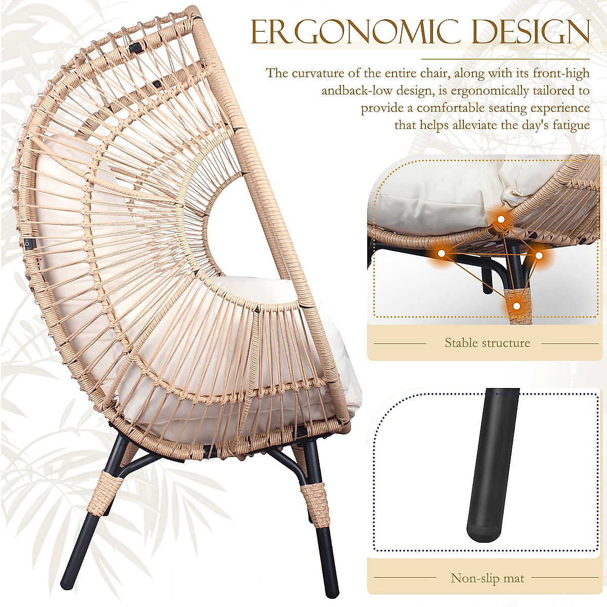 Brafab Stationary Egg Stand, Oversized Large Wicker Lounger with 8" Thick Cushion and 500 lbs Capacity, Heavy Duty Steel Frame, Rattan Basket Chair for Outdoor Patio Backyard (Natural), Cross Weave