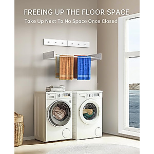 Upgrade Laundry Drying Rack Collapsible, Wall Mounted Drying Rack, Clothes Drying Rack, Retractable Drying Rack, 31.5" Wide, 13.2 Linear Ft, 5 Aluminum Rods (31.5'' Wide with 6 Hooks)