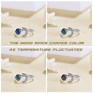 ADRAMATA 925 Sterling Silver Mood Ring Moon Star Open Adjustable Rings for Women 18K White Gold Plated Color Changing Rings Temperature-Control Star and Moon Rings Statement Jewelry, Round