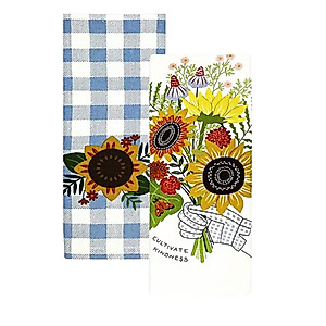 Celebrate Kitchen Towel Set of 2, Sunflowers Blue and White Buffalo Plaid Dishtowels