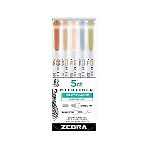 Zebra Pen Mildliner Double Ended Highlighter, Broad and Fine Point Tips, Assorted Neutral Vintage Ink Colors, 5-Pack, (78605)