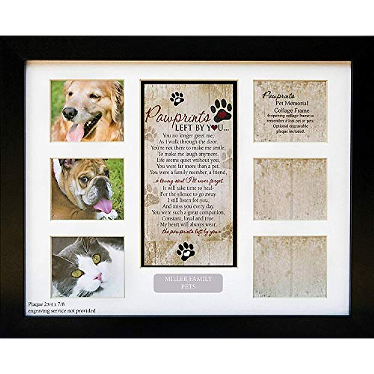 Pet Memorial Collage Frame for Dog or Cat with Sympathy Pawprints Left by You Poem - Made in the USA