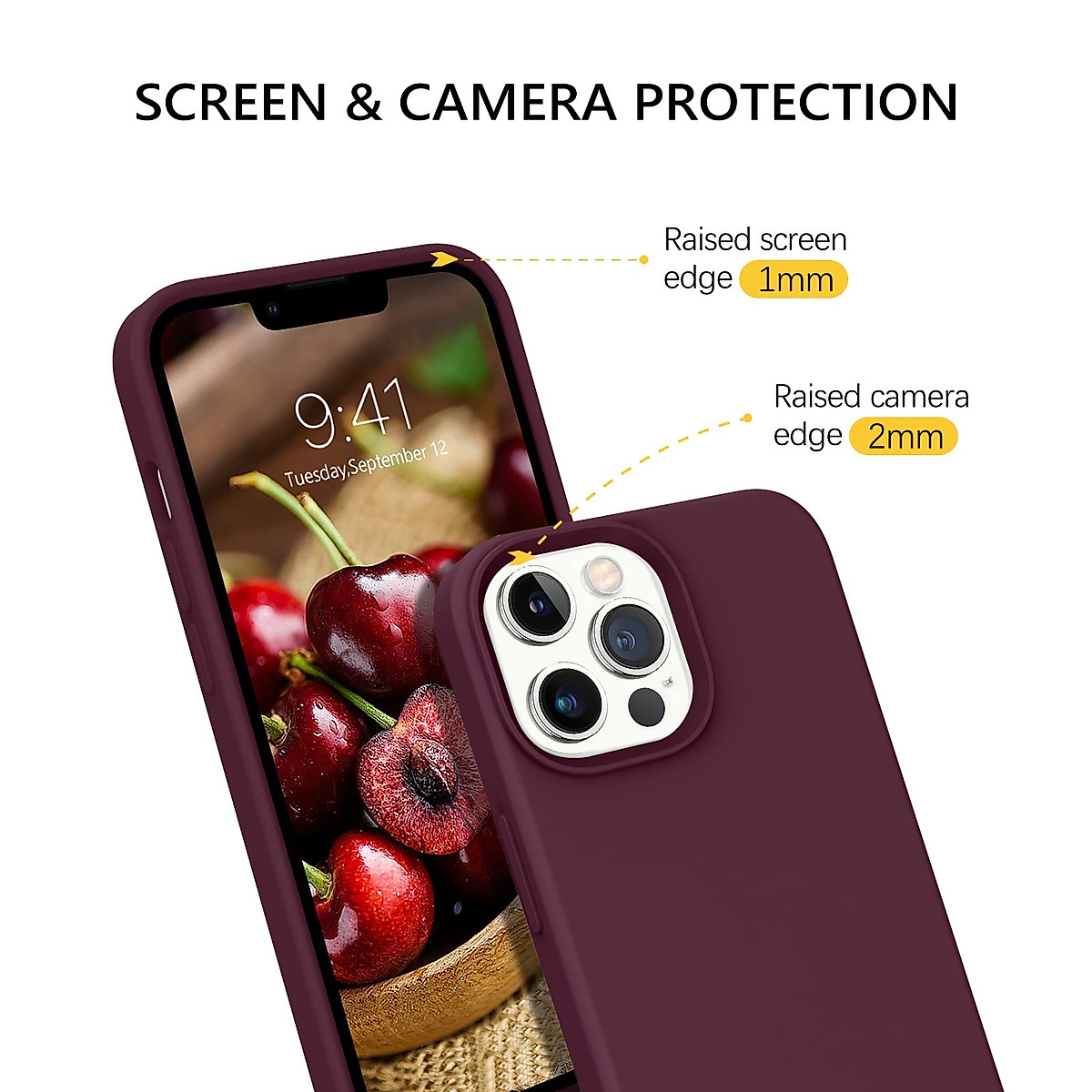 GUAGUA Compatible with iPhone 13 Pro Max Case 6.7 Inch Liquid Silicone Soft Gel Rubber Slim Microfiber Lining Cushion Texture Cover Shockproof Protective Phone Case for iPhone 13 Pro Max, Plum Red