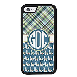 Green Blue White Plaid Llama Personalized Monogram Black Rubber Phone Case Compatible with Apple iPhone 14 Pro Max, Pro, Max, iPhone 13 Pro Max Mini, 12 Pro Max Mini, 11 Pro Max X XS Max XR 8 7 Plus
