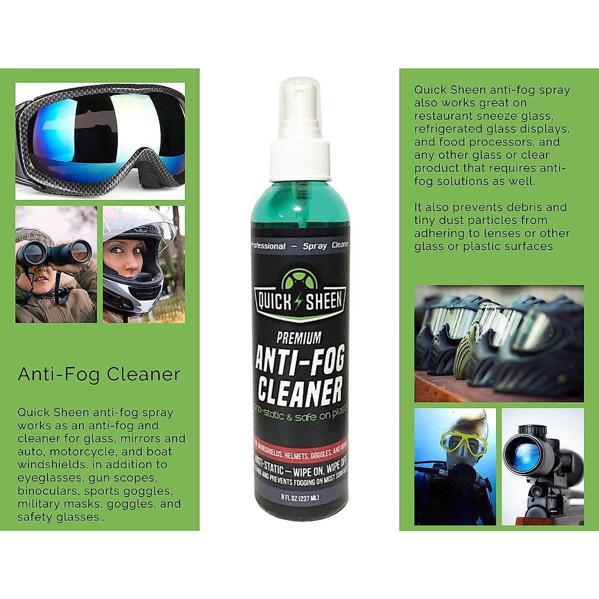 Quick Sheen Anti-Fog Spray for Glass, Windows, Glasses, Masks, Mirrors, Goggles