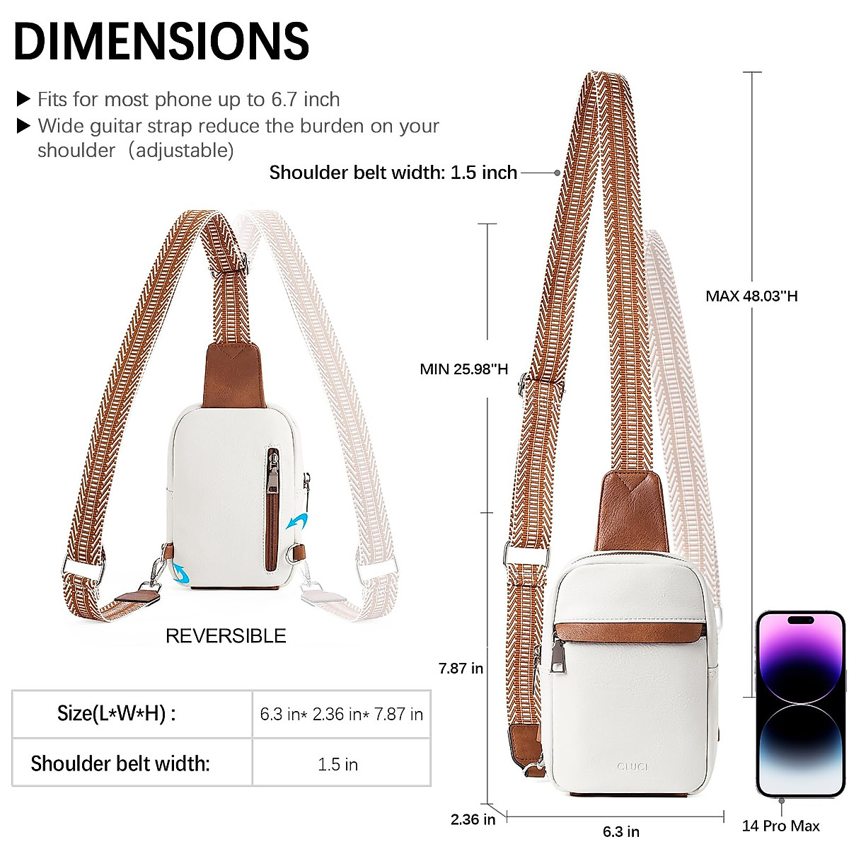 CLUCI Small Sling Bag for Women Crossbody Purse, Leather Fanny Packs with Guitar Strap, Cross Body Bag Women Off White with Brown