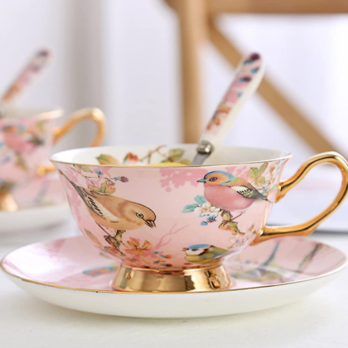 Pfedxoon Pink Bird Tea Cup with Saucer Spoon 3 Piece Set（7oz） Cappuccino Cups, Coffee Cups, Tea Cup Set, British Coffee Cups, Porcelain Tea Set, Latte Cups, Mother's Day Gift