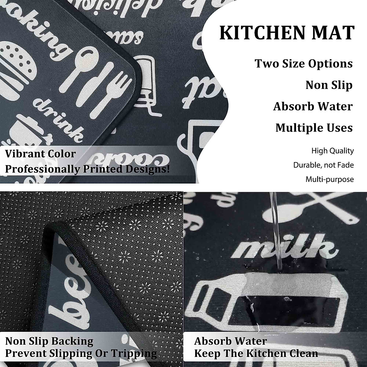 Black Kitchen Rugs Set of 2 - Kitchen Floor Mats Non-Slip Backing - Kitchen Mat Washable Doormat Runner Rug Set for Home Accessories and Decor 17x47.2 and 17x30 inches.