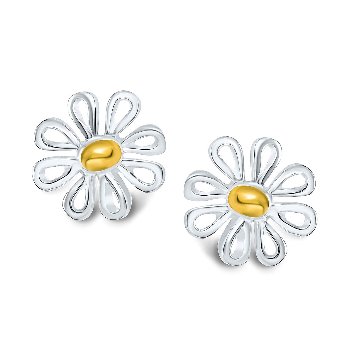 Summer Spring Time Two Tone Charm Sunflower Daisy Flower Stud Earring Women Teen Yellow 14K Gold Plated .925 Sterling Silver