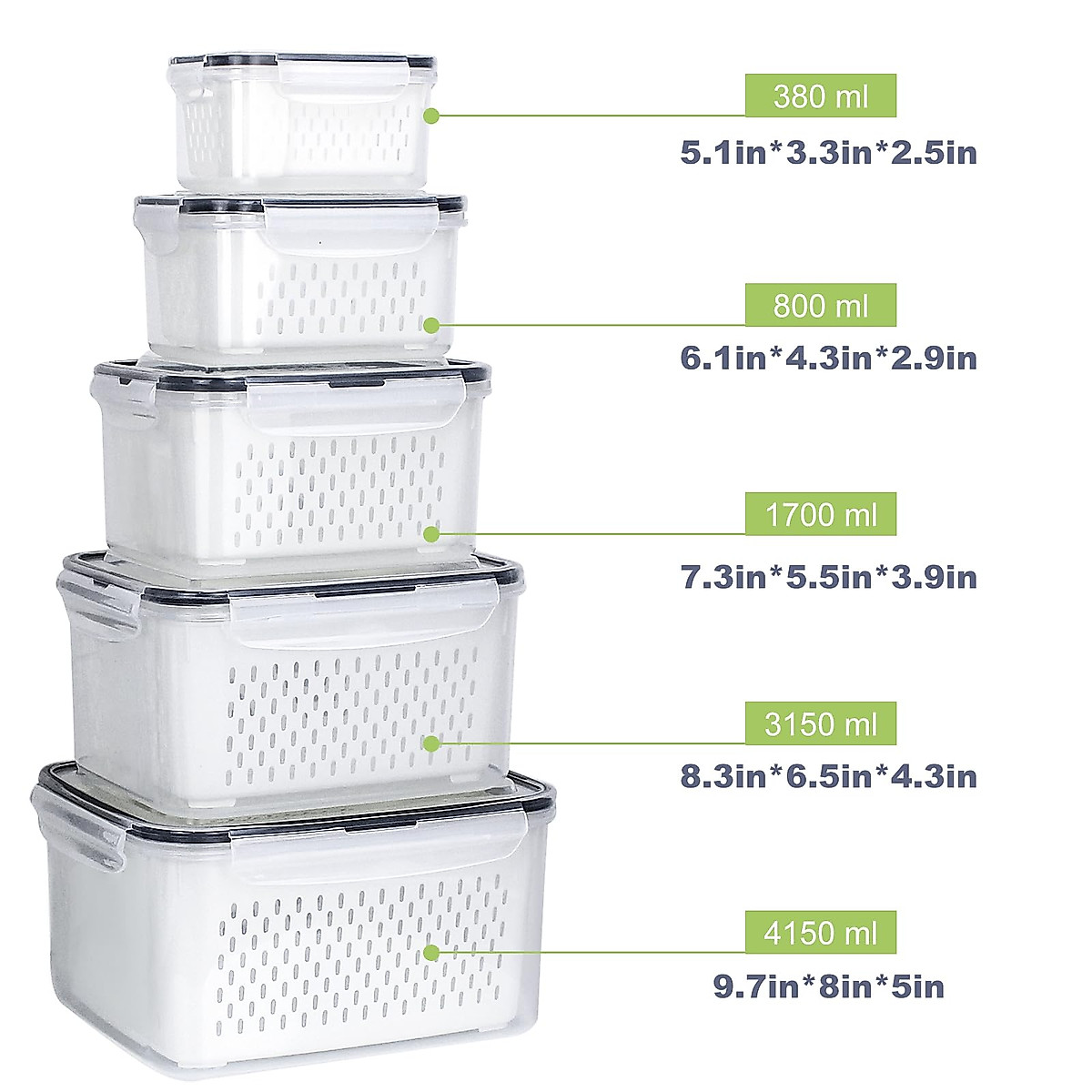 5 Pack Fruit Storage Containers for Fridge,Multi Food Storage Containers Removable Colander Storage Containers with Lid - Suitable for Fruits, Vegetables, Berries, Meat, etc