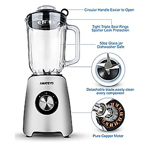 Amateys Quiet Smoothie Blender with 50 Oz Glass Jar,Professional Kitchen Blender for Shakes and Smoothies,Countertop Blender Speed Adjustable for Ice Crush Frozen Fruit Puree Mlikshakes