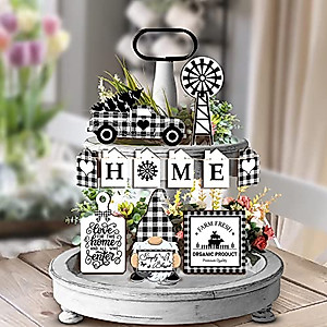 10 Pieces Farmhouse Tiered Tray Decor Farmhouse Home Decor, Rustic Tiered Tray Signs, House Shaped Table Decor, Buffalo Plaid Wooden Farm Fresh Sign for Country Farmhouse Home Kitchen Shelf Decor