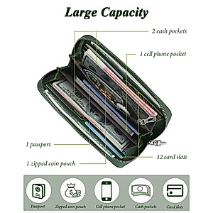 WILD WORLD Designer Emerald Green Calfskin Soft Leather Wallets for Ladies, Large Capacity Clutch Purse for women With Gift Box