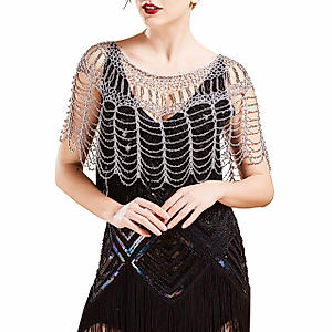 BABEYOND 1920s Shawl Wraps Beaded Net Evening Cap Wedding Bridal Shawl Scarf (Silver)