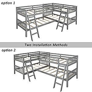Harper & Bright Designs L Shaped Bunk Bed for 4, Quad Bunk Bed Twin Size, Wooden Bunk Bed Frame for Kids Teens Adults - Gray