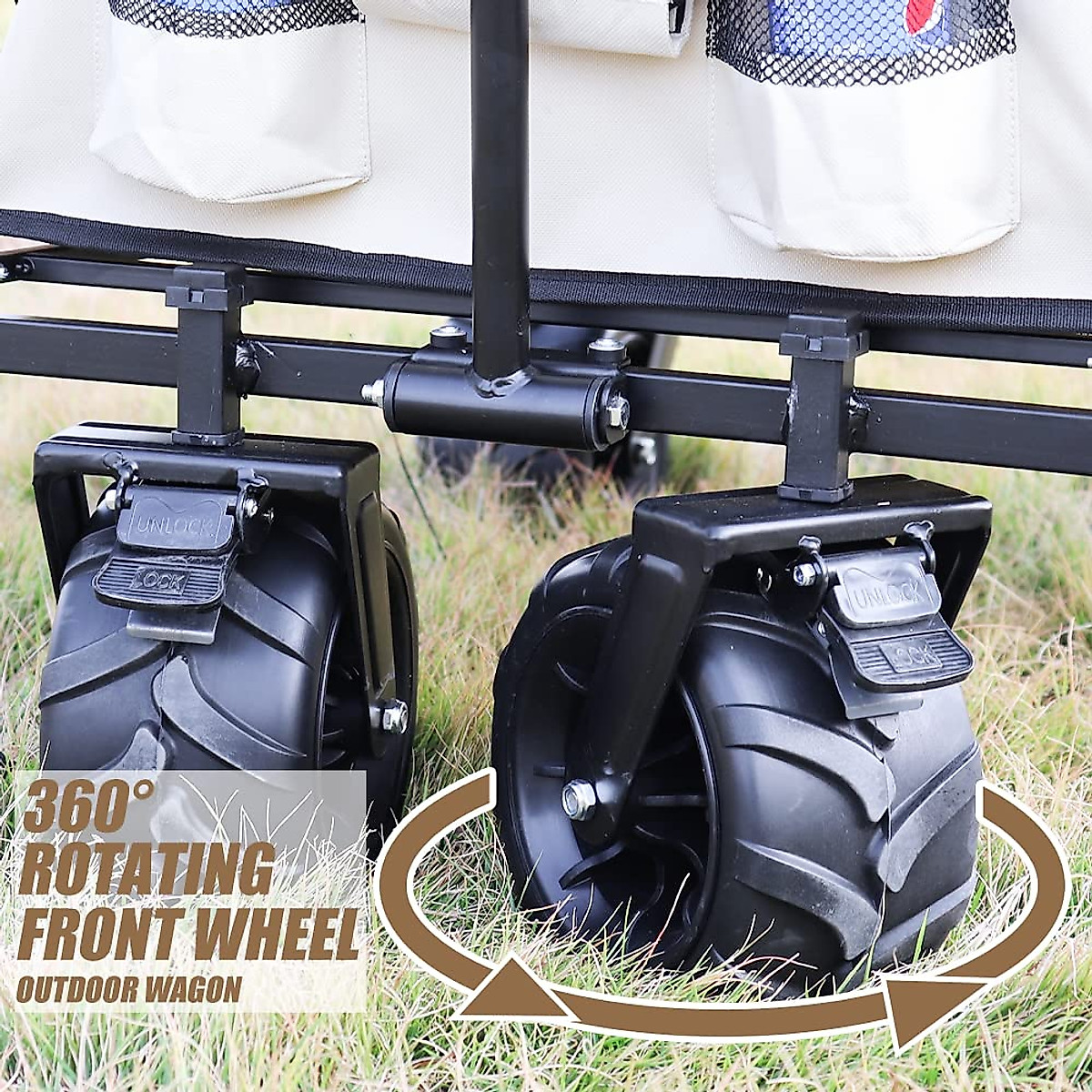 JHXG Wagons Carts Heavy Duty Foldable, Collapsible Wagon Utility Camping Park Wagon Cart, Folding Wagon Cart, Utility Wagon with Push Pull Handles, with Black Aluminum Table Plate (Beige)