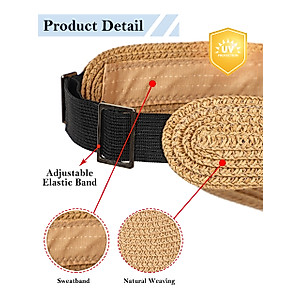 Womens Beach Straw Sun Visor Hat Ponytail Hole UV Protection Wide Brim Summer Cap Packable for Travel UPF 50+(Khaki)