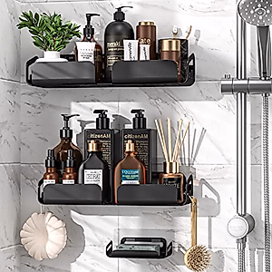 Bathroom Shower Organizer, YASONIC 3-Pack Strong Adhesive Shower Caddy with Soap Holder and 8 Hooks, No Drilling Wall Mounted Rustproof Stainless Steel Shower Shelf, for Inside Shower, Bathroom, Black