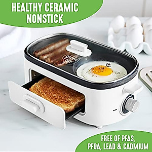 GreenLife 3-in-1 Breakfast Maker Station, Healthy Ceramic Nonstick Dual Griddles for Eggs Meat and Pancakes, 2 Slice Toast Drawer, Easy-to-use Timer, White