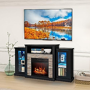 Tangkula Electric Fireplace TV Stand, Electric Fireplace Mantel with 16-Color Led Lights, Adjustable Glass Shelves, Remote & Smart APP Control, TV Console for Living Room (Black)