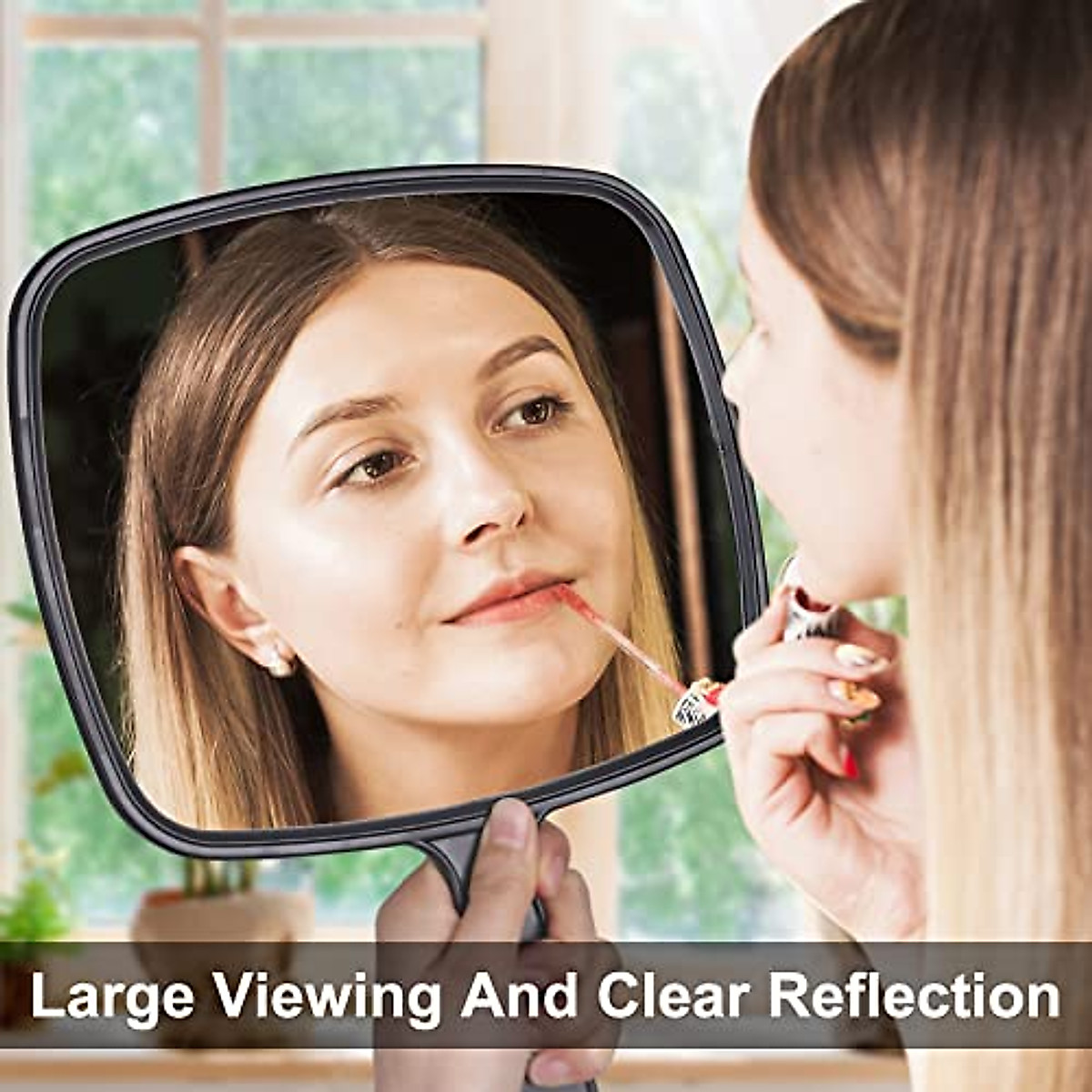 Brippo Hand Mirror, Large Handheld Mirror with Handle for Barber Haircut Salon, Shaving or Makeup, Hand Held Mirror for Vanity/Bathroom/Traval, Regular Non-Magnifying (Square Black 9" x 8")