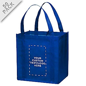 DISCOUNT PROMOS Custom Reusable Grocery Tote Bag for Shopping - 50 Pack - Personalized Logo, Text -Small Foldable Bags – Blue