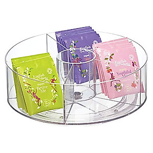 iDesign Cabinet Binz Divided Rotating Turntable Tea Packet Organizer, 9" x 9" x 3.01", Clear