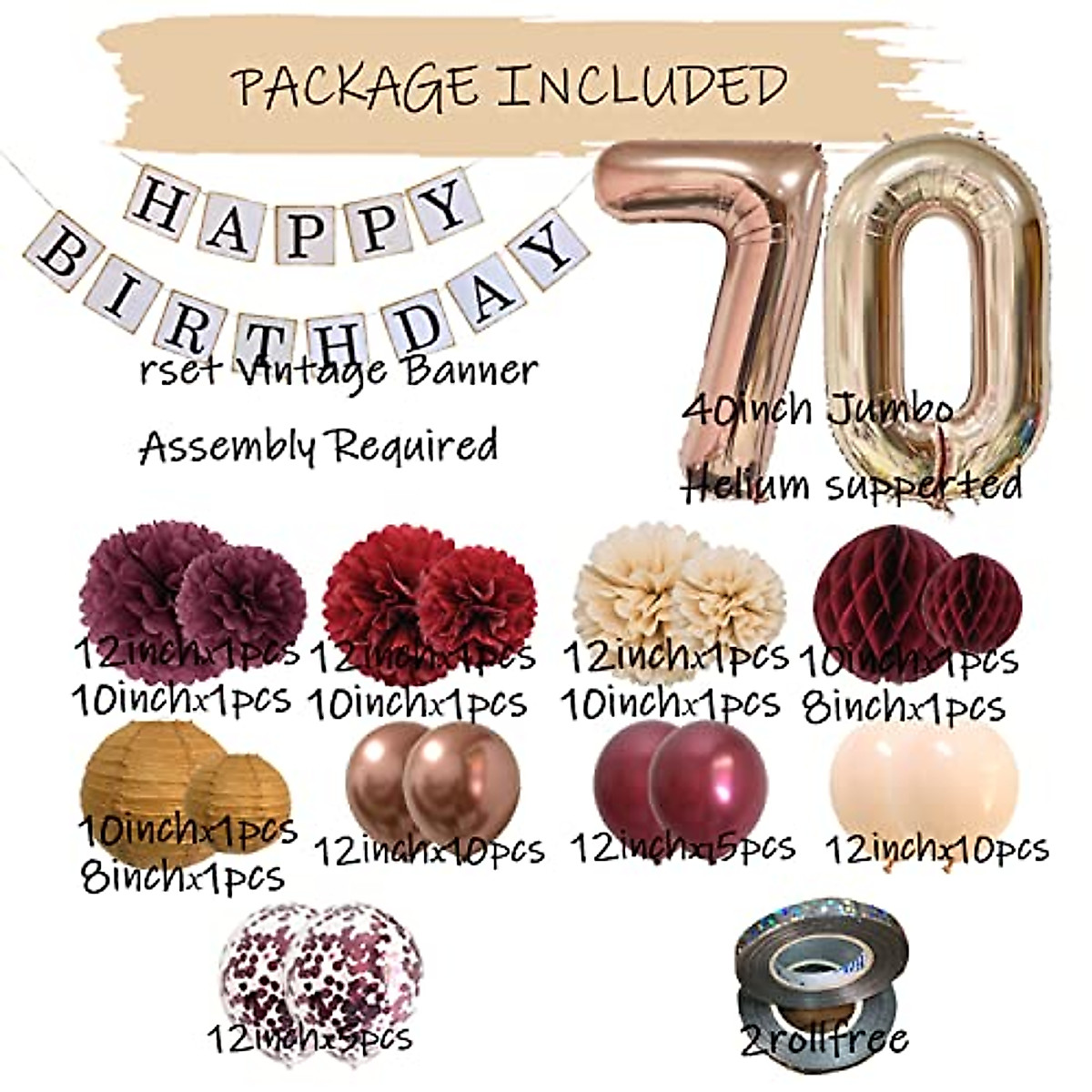 70th Birthday Decorations Women – Happy 70 Birthday Party Supplies for Womens with Champagne Burgundy Flowers Balloons Tissues Decor (Burgundy + Champagne)