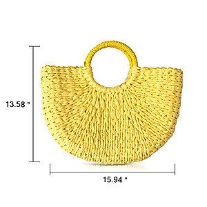 QTKJ Simple Retro Semi-circle Rattan Straw Bag Hand-Woven Round Handle Handbags Summer Beach Bag Tote Straw Bag Purse (Yellow)