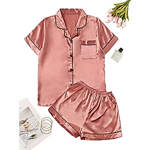 Verdusa Women's 2pc Satin Nightwear Button Front Sleepwear Short Sleeve Pajamas Set Pink M