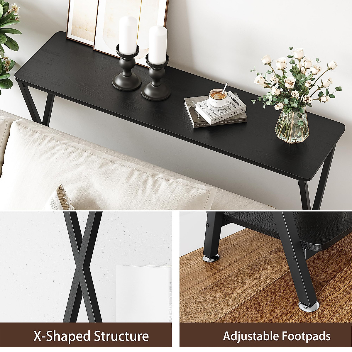IDEALHOUSE Narrow Console Table, Sofa Tables Narrow Long Behind Couch Table, 2-Tier Industrial Entryway Table for Living Room, Hallway, Foyer (Black)
