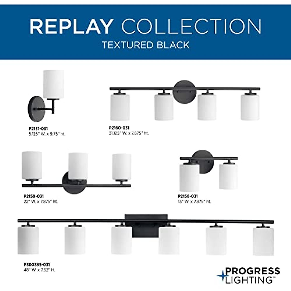 Progress Lighting Replay Collection 1-Light Etched White Glass Glass Modern Bath Vanity Light Textured Black