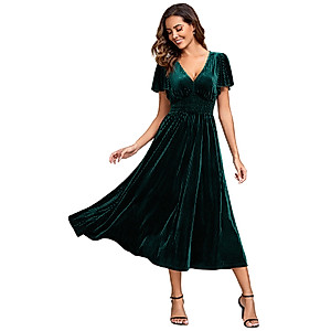 Ever-Pretty Women's Short Sleeve V Neck A Line Velvet Midi Dress Bridesmaid Cocktail Party Dresses Deep Green US6
