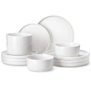 MALACASA 12 Pieces Porcelain Dinnerware Set, Modern White Dish Set for 4, Premium Serving Plates and Bowls Sets, Chip and Scratch Resistant Dishware Sets Kitchen Dishes Dining Ware Set, Series LEAH