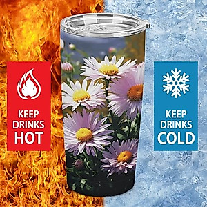 FHENMSA Stainless Steel Insulated Travel Coffee Mug,Daisy Plants Print Reusable Car Cup,Thermal Cup for Outdoor with Straw And Lid