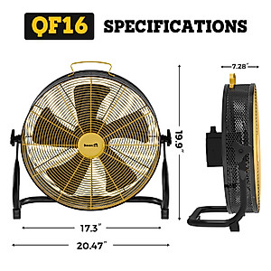 Smartele QF16 16 Inch Battery Powered Floor Fan Fast Charging,15000mAh Battery Operated Fan,Rechargeable Portable Fan,2500 CFM High Velocity Cordless Fan for Patio,Gym,Camping,Travel,Backyard