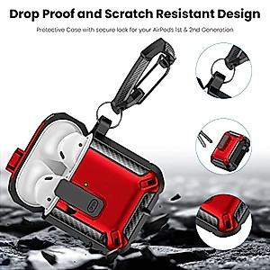 ACAGET for Airpods Case, Airpods 2nd Generation Case Cover with Keychain, Secure Lock Full Body Protective Rugged Shockproof Hard Shell Armor Case for AirPods 1 & 2 Supports Wireless Charge Black/Red