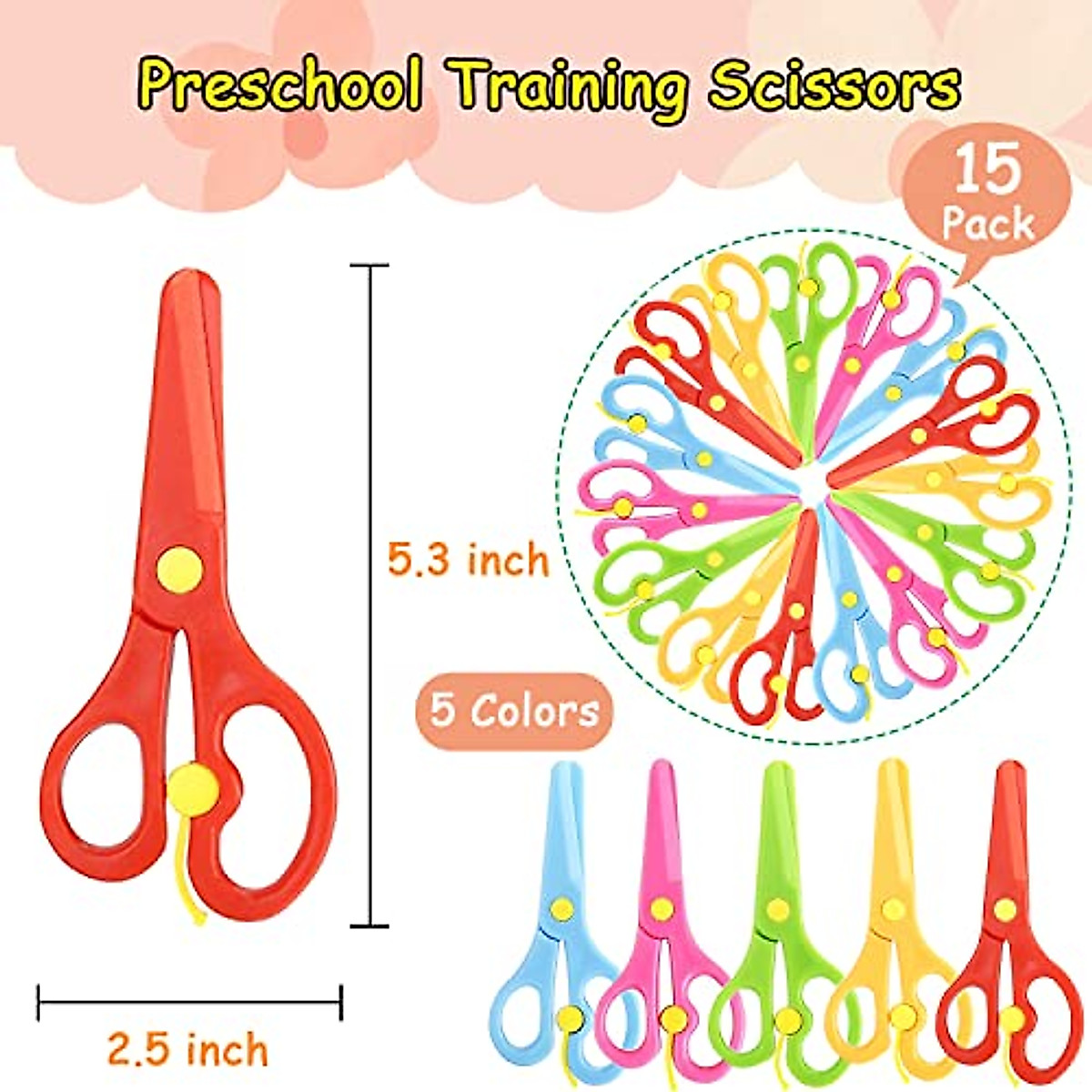 15 Pack Preschool Training Scissors,Children Plastic Safety Scissors,Toddler Learning Scissor for Cutting Paper Craft Supplies