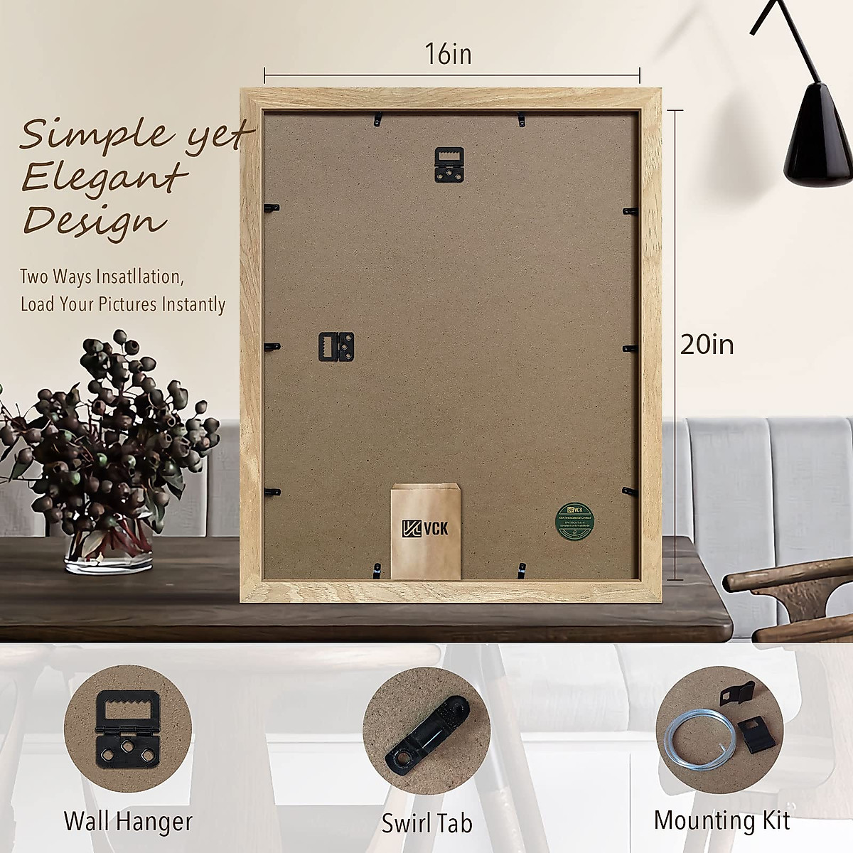 VCK 16x20 Poster Frames for Wall - 3 pack, Beige Natural Solid Wood Picture Frame, Exclusive Wood Grain