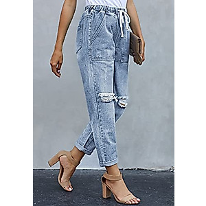 Metietila Women’s Casual Pull-on Distressed Stretch Jeans Elastic Waist Jean Light Indigo Denim Joggers Pants for Women XX-Large