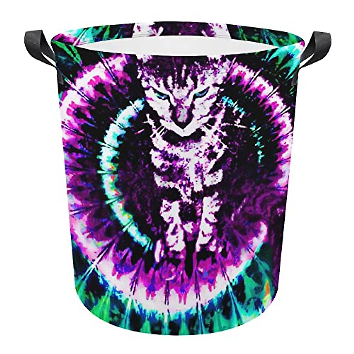 Colorful Kitten Laundry Hamper Round Canvas Fabric Baskets with Handles Waterproof Collapsible Washing Bin Clothes Bag