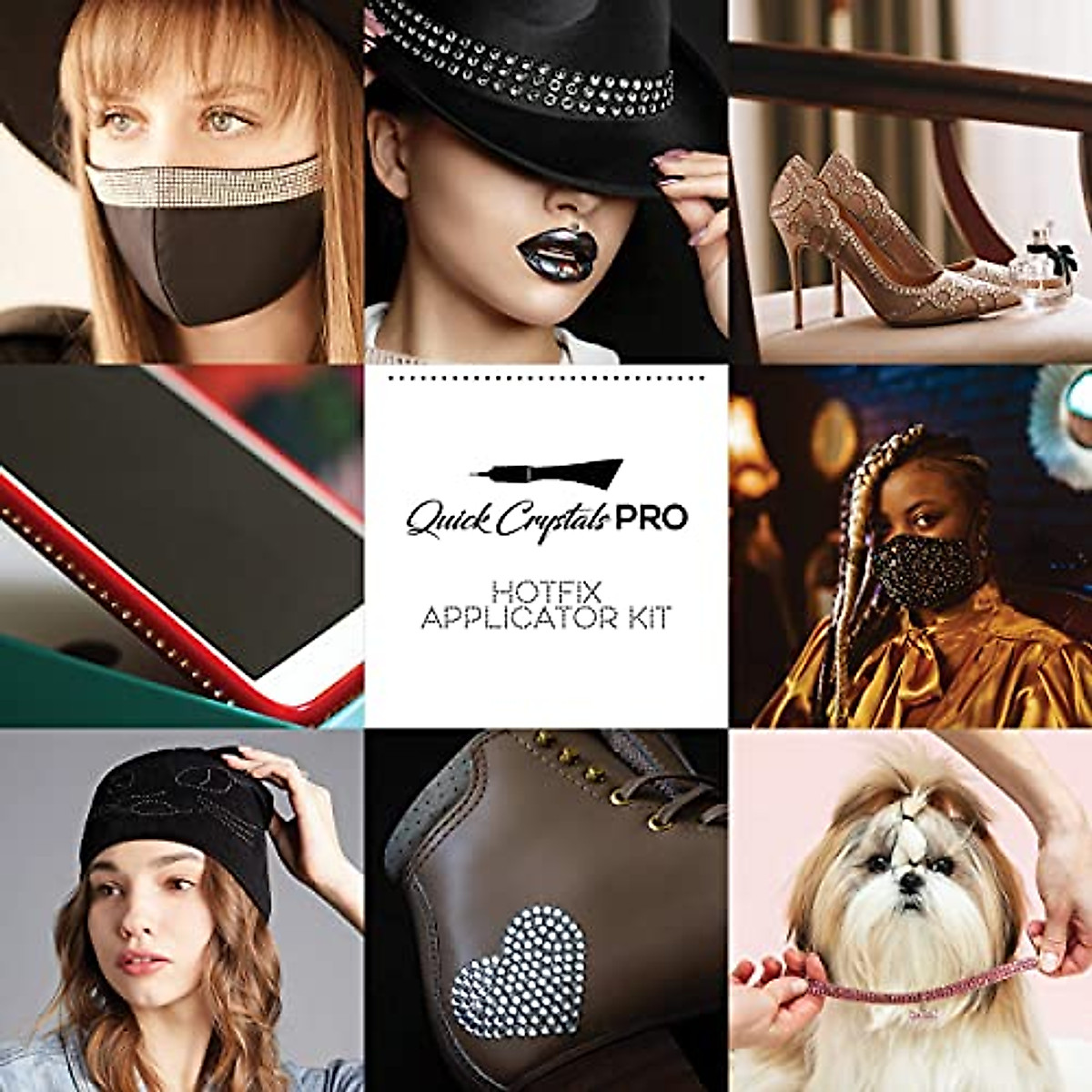 Quick Crystals Pro Hotfix Applicator, Bedazzler Kit with Rhinestones, DIY Wand Setter Tool Kit with 7 Different Tip Sizes, Tweezers, Cleaning Brush, User Manual, and 4400 Rhinestones.