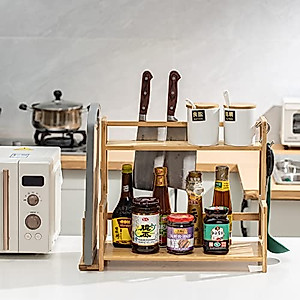 SHUOXIANG Kitchen Spice Racks, Bamboo Countertop Storage Organizer Jars Bottle Sauce Seasoning Rack Holder, 2 Tier Standing Step Shelf, Includes Knife, Cutlery, Chopping Board Storage, plus 2 Hooks