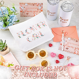 Flower Girl Proposal Gifts Flower Girl Tumblers with Straws Be My Flower Girl Card with Envelope Canvas Makeup Bag Sunglasses Hair Scrunchies Diamond Pen for Wedding Bridal Shower (White, 16 Pcs)