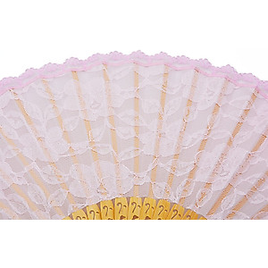 Womens Multi Color Handmade Cotton Lace Folding Hand Fan (Black-A) (Pink)