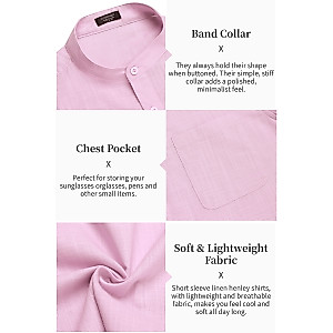 COOFANDY Men's Cotton Linen Henley Shirt Short Sleeve Hippie Casual Beach T-Shirts with Pocket Pink