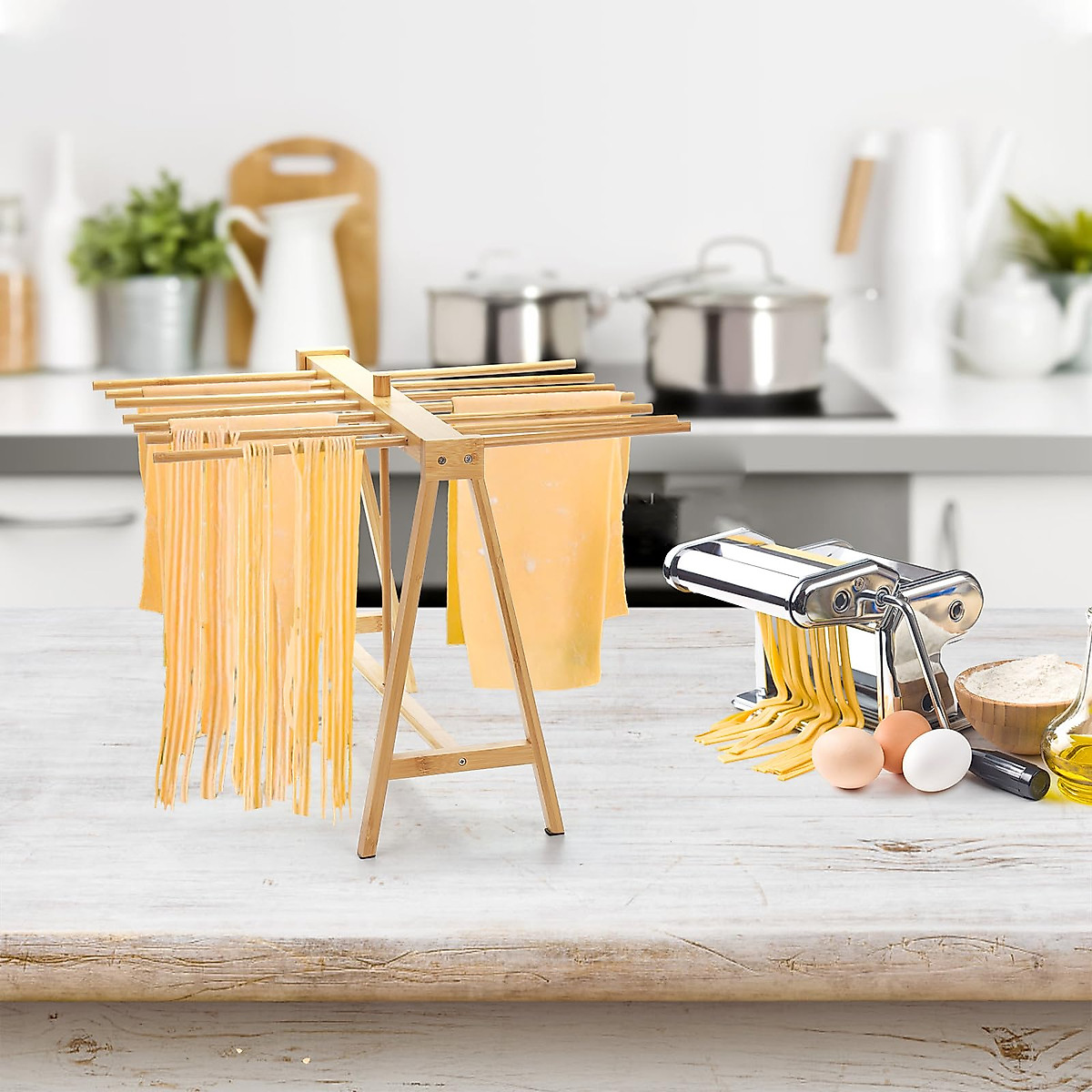 Pumtus Bamboo Pasta Drying Rack, Noodle Dryer Stand with Transfer Wand and 14 Bars, Stable Household Spaghetti Hanger, Lasagna Noodle Drying Rack for Kitchen and Cooking