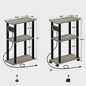 TUTOTAK Small Narrow Side Table with Charging Station, Skinny End Table for Small Spaces, Slim Nightstand with USB Ports and Outlet, Sofa Beside Table with Wheels, Greige TB01BG046