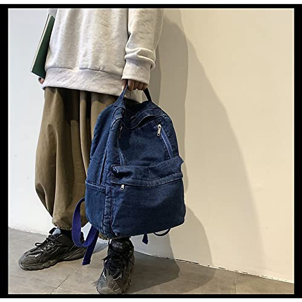 Canvas Backpack Lightweight Travel Daypack Student Rucksack Laptop Backpack Denim Medium Handbag for Women Blue (2)