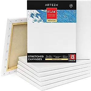 Arteza Paint Canvases for Painting, Pack of 8, 11 x 14 Inches, Blank White Stretched Canvas Bulk, 100% Cotton, 12.3 oz Gesso-Primed, Art Supplies for Adults and Teens, Acrylic Pouring and Oil Painting